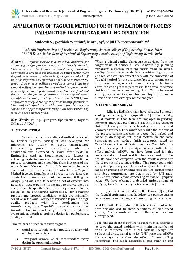 (PDF) IRJET- Application of Taguchi Method for Optimization of Process Parameters in Spur Gear ...
