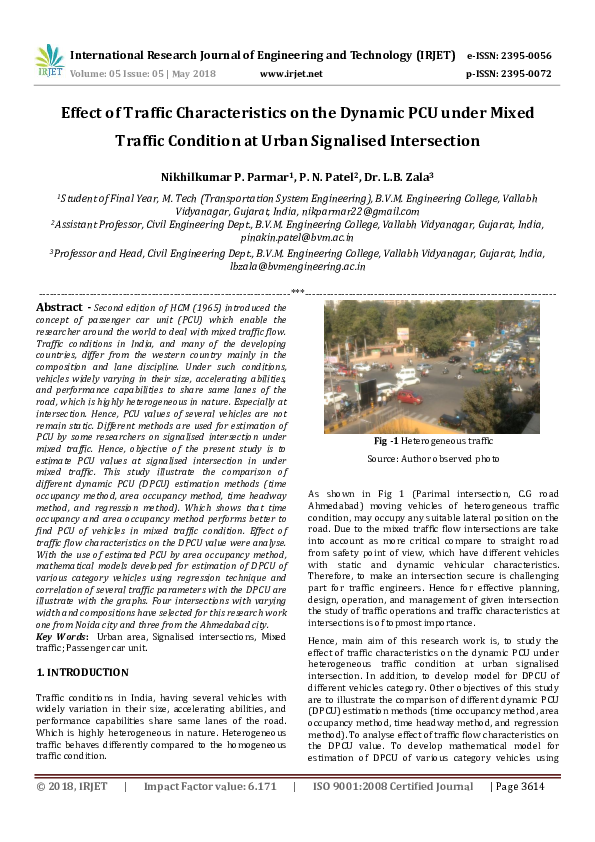 (PDF) IRJET- Effect of Traffic Characteristics on the Dynamic PCU under Mixed Traffic Condition ...