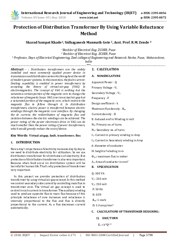 (PDF) IRJET-Protection of Distribution Transformer by using Variable ...