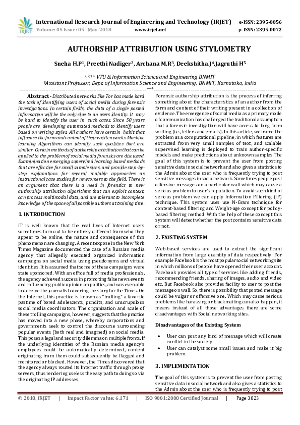(PDF) IRJET-Authorship Attribution using Stylometry (PDF) IRJET-Authorship Attribution using Stylometry