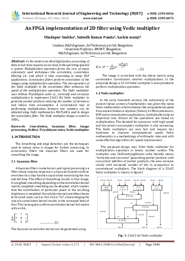 (PDF) IRJET-An FPGA Implementation of 2D Filter using Vedic Multiplier