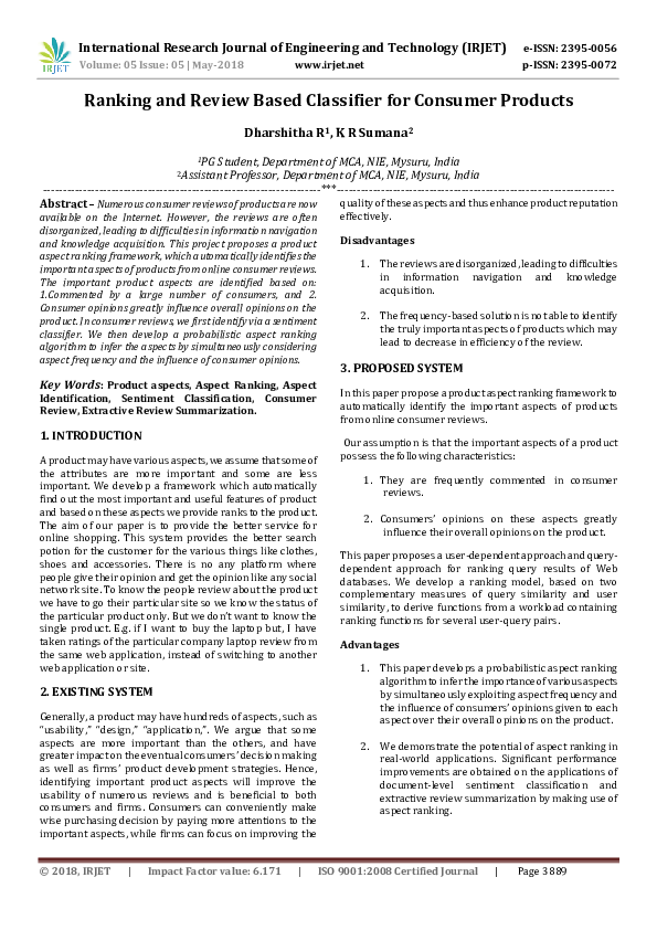 (PDF) IRJET-Ranking and Review Based Classifier for Consumer Products ...