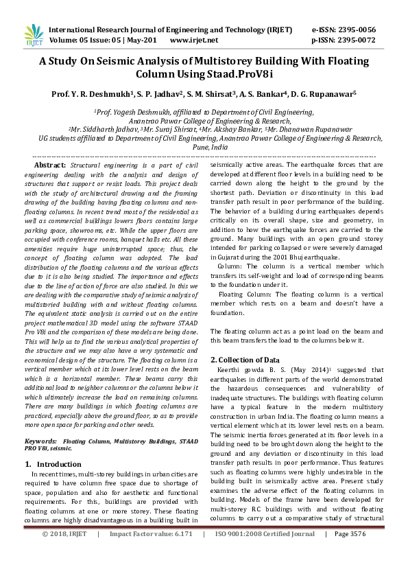 (PDF) IRJET-A Study on Seismic Analysis of Multistorey Building with Floating Column using Staad ...