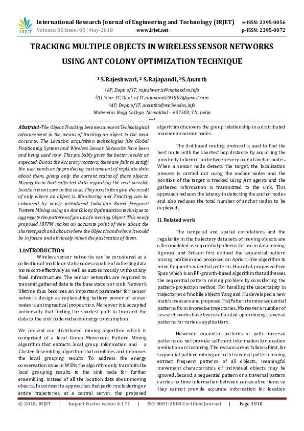 Pdf Irjet Tracking Multiple Objects In Wireless Sensor Networks Using Ant Colony Optimization