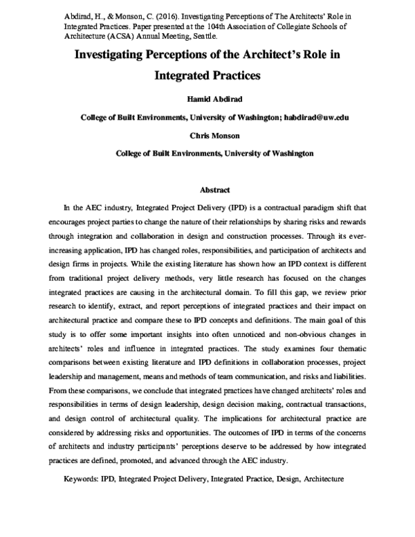 (PDF) Investigating Perceptions of The Architects’ Role in Integrated Practices.pdf