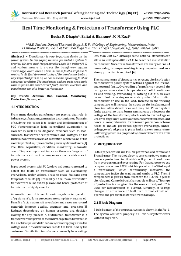 (PDF) IRJET-Real Time Monitoring & Protection of Transformer using PLC