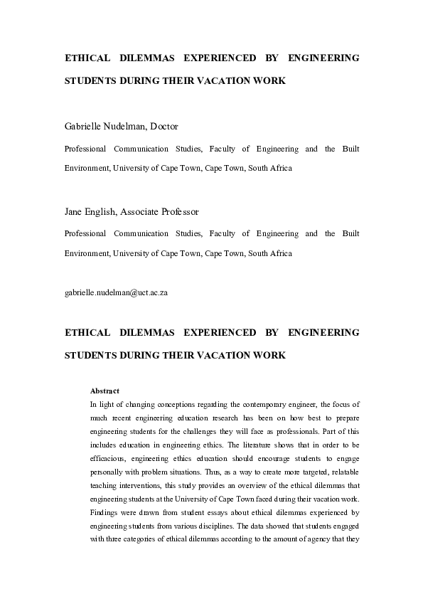 (PDF) Ethical dilemmas experienced by engineering students during their ...