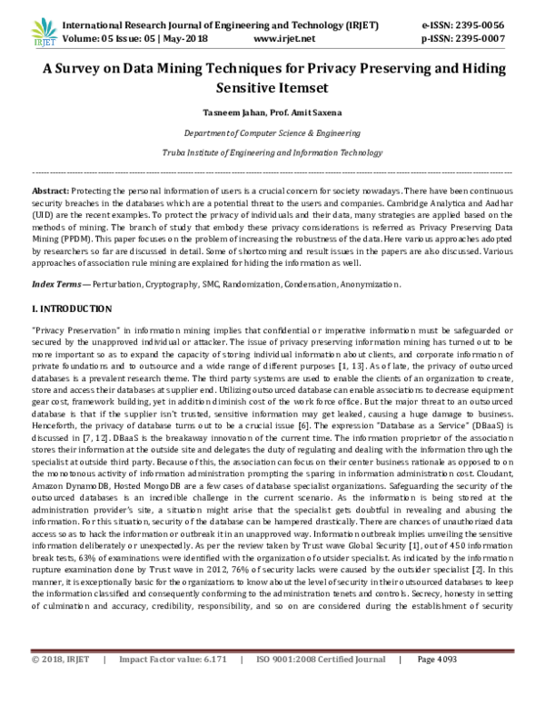 (PDF) IRJET-A Survey on Data Mining Techniques for Privacy Preserving and Hiding Sensitive Itemset