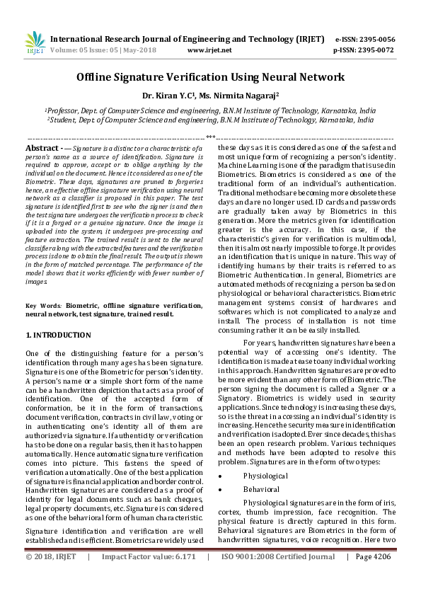 (PDF) IRJET-Offline Signature Verification using Neural Network