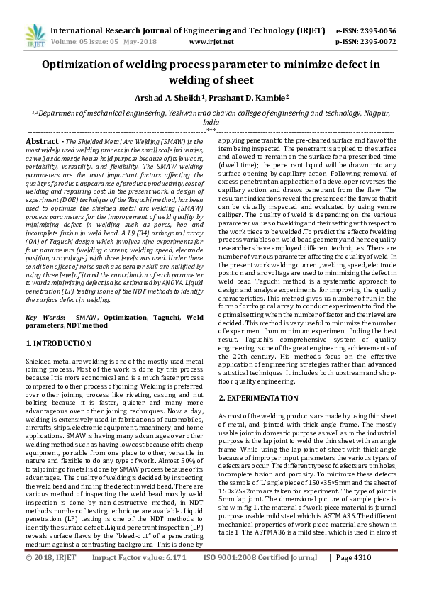 (PDF) IRJET-Optimization of Welding Process Parameter to Minimize Defect in Welding of Sheet