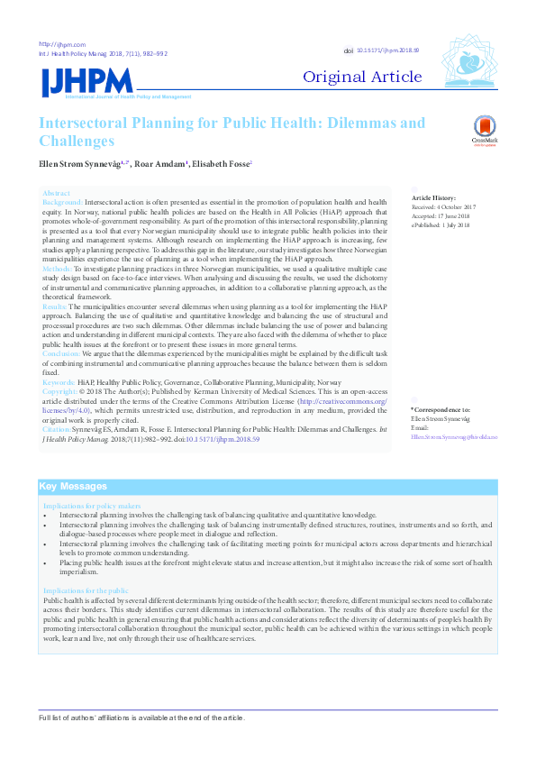 (PDF) Intersectoral Planning for Public Health: Dilemmas and Challenges