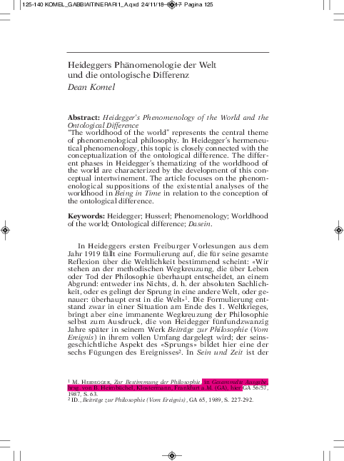 (PDF) Heideggers Phänomenologie der Welt und die ontologische Differenz