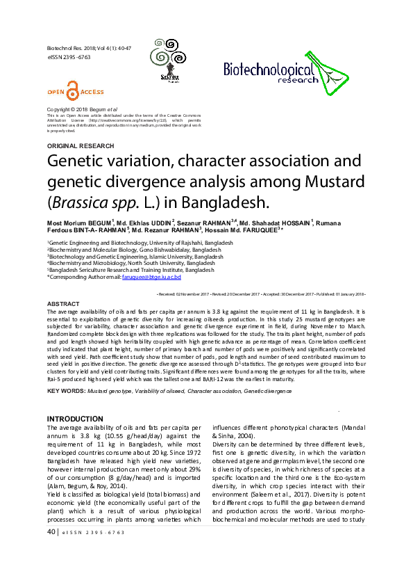 (PDF) Genetic variation character association and genetic divergence analysis among Mustard ...