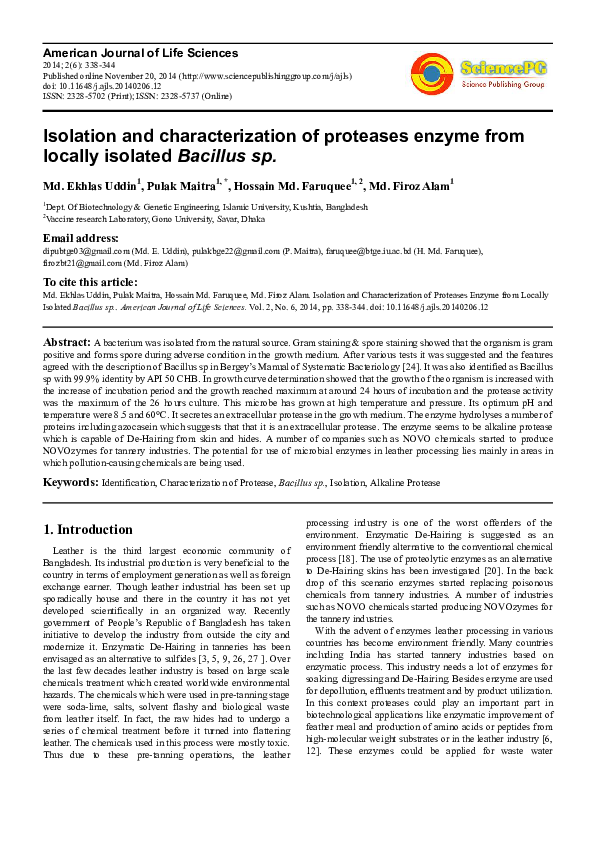 (PDF) Isolation and Characterization of Proteases Enzyme from Locally Isolated Bacillus sp..pdf