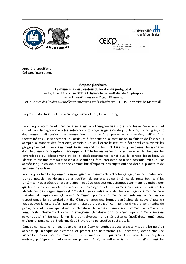 (PDF) Appel à propositions_Espace planétaire.pdf | Laura T . Ilea and ...
