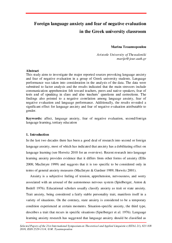 (PDF) Foreign Language Anxiety and Fear of Negative Evaluation in the ...