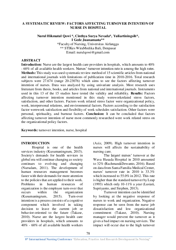 (PDF) A SYSTEMATIC REVIEW: FACTORS AFFECTING TURNOVER INTENTION OF NURSE IN HOSPITAL