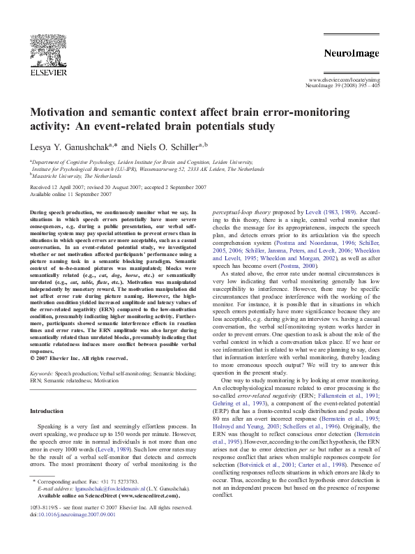 (PDF) Motivation and semantic context affect brain error-monitoring activity: An event-related ...