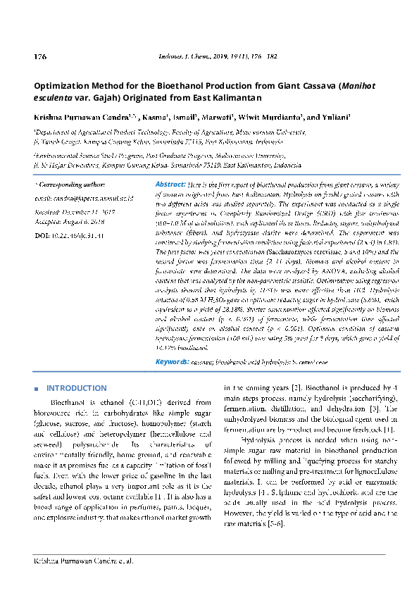 (PDF) Optimization Method for the Bioethanol Production from Giant Cassava (Manihot esculenta ...