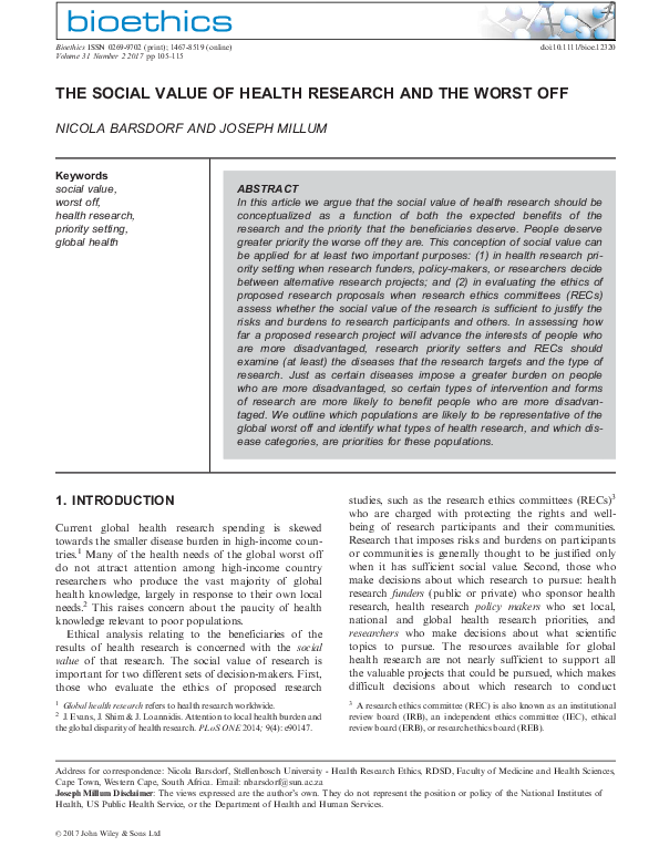 (PDF) The Social Value of Health Research and the Worst Off | Joseph ...