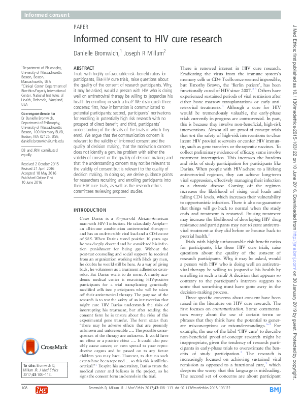 (PDF) Informed Consent to HIV Cure Research