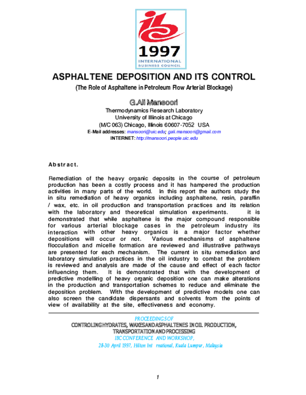(PDF) ASPHALTENE DEPOSITION AND ITS CONTROL (The Role of Asphaltene in ...