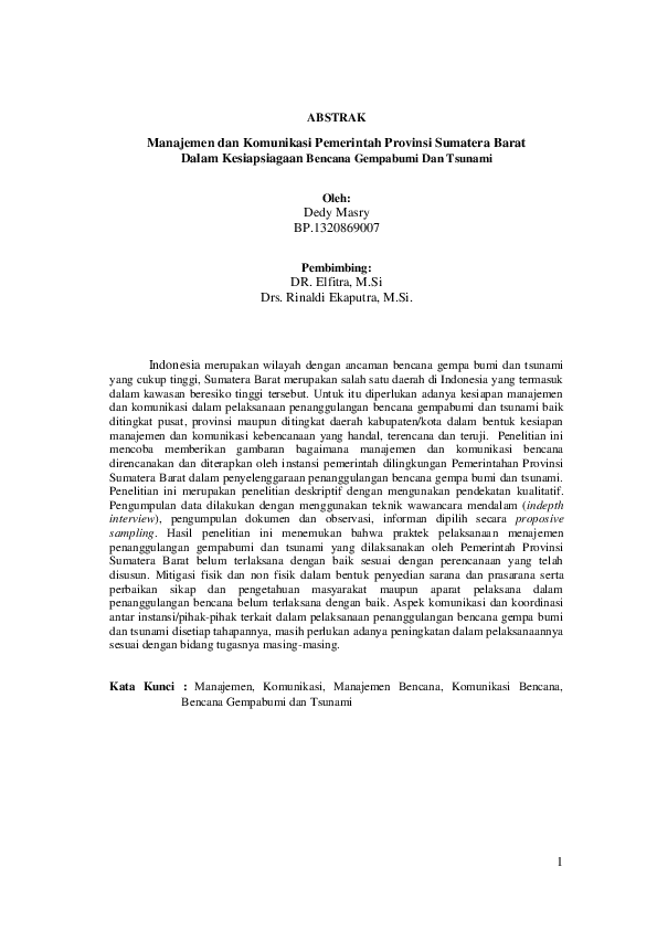 (PDF) Manajemen dan Komunikasi Pemerintah Provinsi Sumatera Barat Dalam Kesiapsiagaan Bencana ...