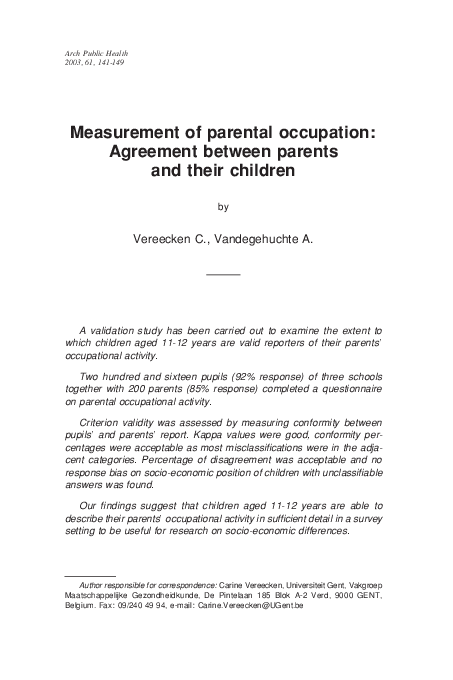 (PDF) Measurement of parental occupation: Agreement between parents and ...