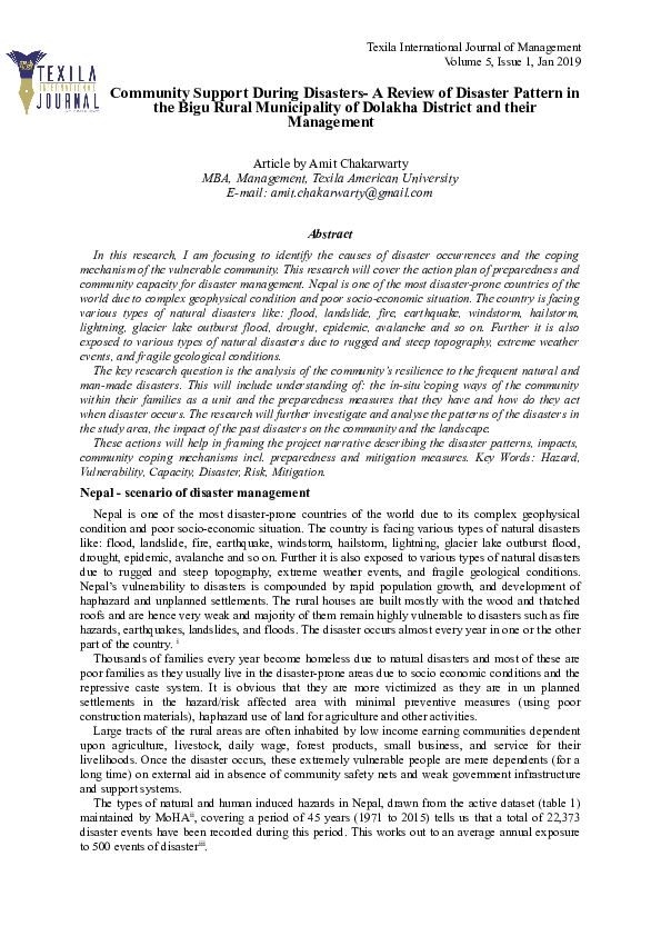 (DOC) Community Support During Disasters- A Review of Disaster Pattern ...