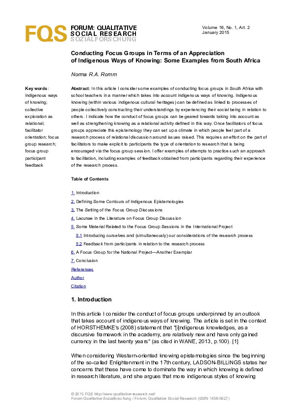 (PDF) Conducting Focus Groups in Terms of an Appreciation of Indigenous ...