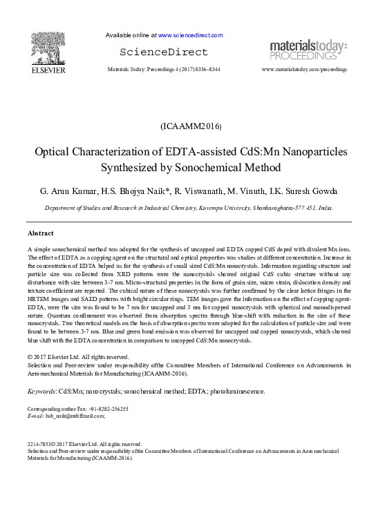 (PDF) Optical Characterization of EDTA-assisted CdS:Mn Nanoparticles Synthesized by Sonochemical ...