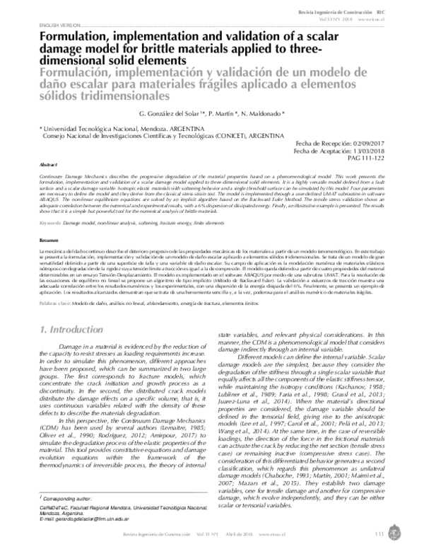 (PDF) Formulation, implementation and validation of a scalar damage model for brittle materials ...