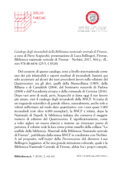 (PDF) Recensione a: Catalogo degli incunaboli della Biblioteca ...