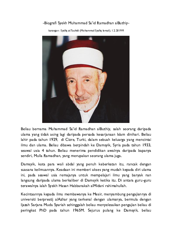(PDF) Biografi Syekh Muhammad Ramadhan Sa'id alButhiy (w2013M) | Syafiq ...