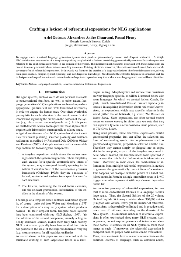 (PDF) Crafting a Lexicon of Referential Expressions for NLG Applications