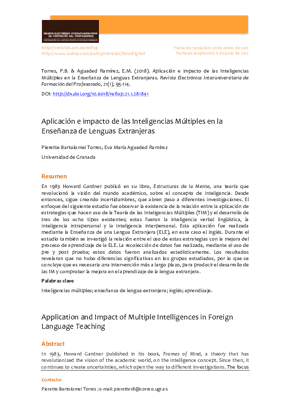 (PDF) Application and Impact of Multiple Intelligences in Foreign Language Teaching