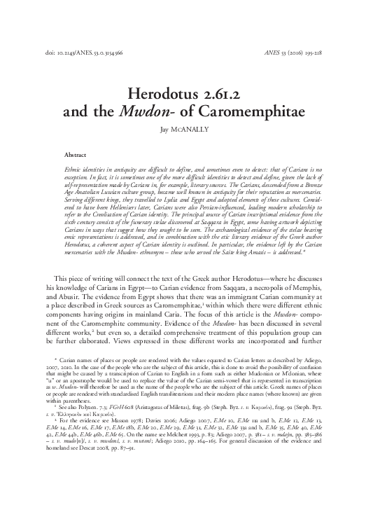 (PDF) Herodotus 2.61.2 and the Mwdon- of Caromemphitae. Ancient Near Eastern Studies, Vol. 53, 2016