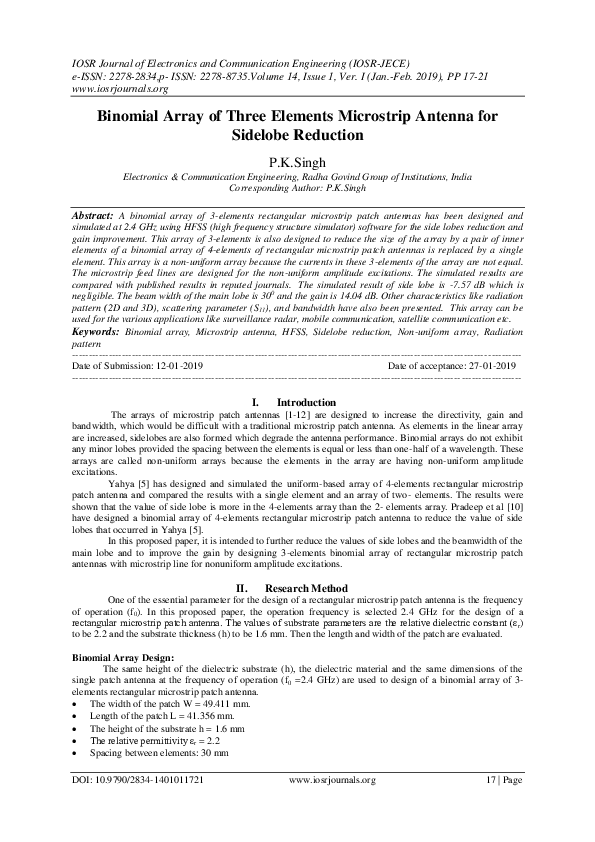 (PDF) Binomial Array of Three Elements Microstrip Antenna for Sidelobe Reduction
