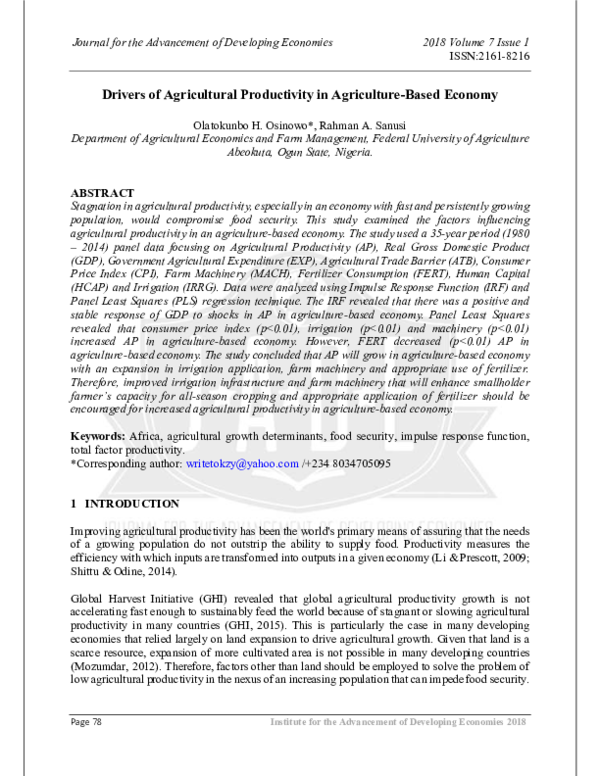(PDF) Drivers of Agricultural Productivity in Agriculture-Based Economy