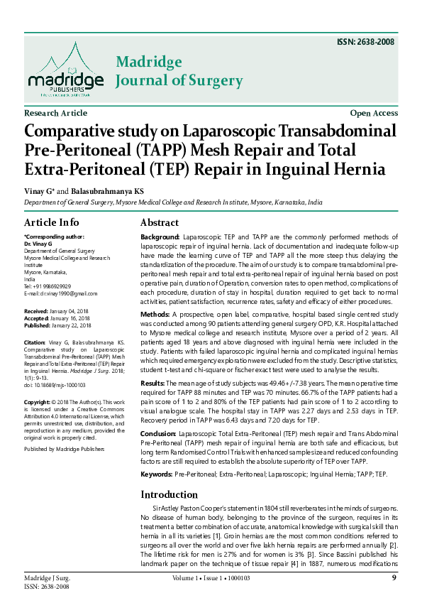 (PDF) Comparative study on Laparoscopic Transabdominal Pre-Peritoneal (TAPP) Mesh Repair and ...
