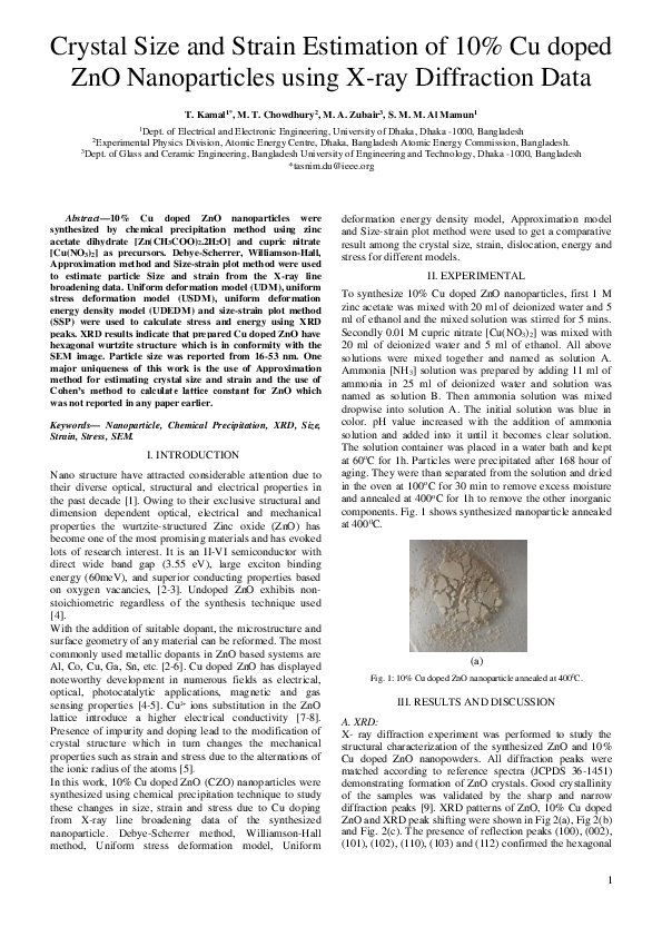 (PDF) Crystal Size and Strain Estimation of 10% Cu doped ZnO ...
