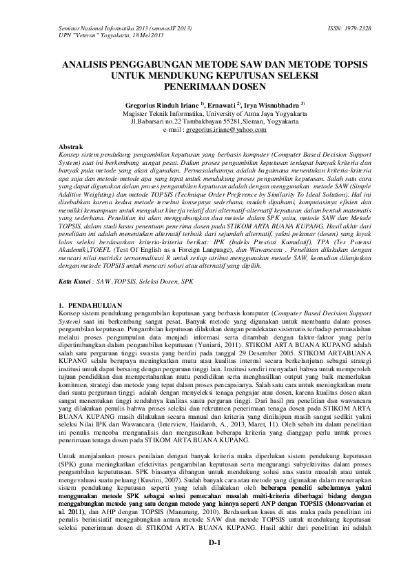 (PDF) ANALISIS PENGGABUNGAN METODE SAW DAN METODE TOPSIS UNTUK MENDUKUNG KEPUTUSAN SELEKSI ...