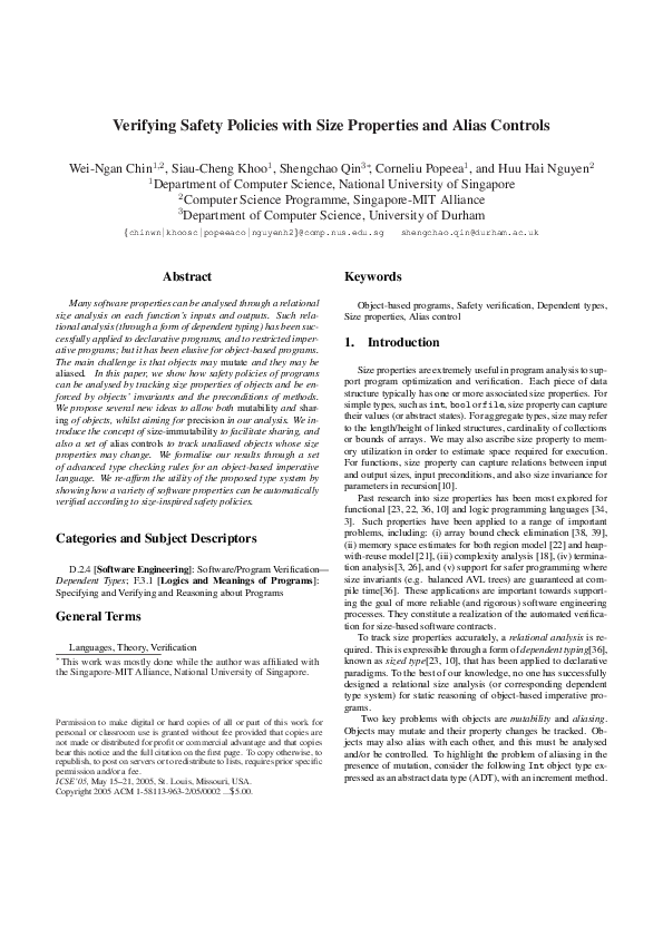 (PDF) Verifying Safety Policies With Size Properties and Alias Controls