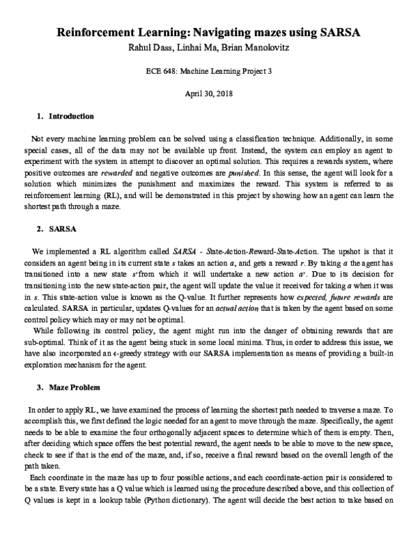 (PDF) Reinforcement Learning: Navigating mazes using SARSA