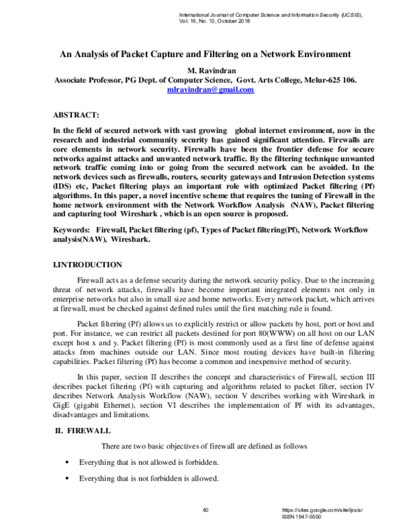 Pdf An Analysis Of Packet Capture And Filtering On A Network Environment