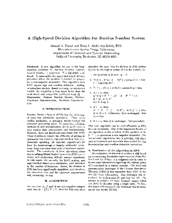 Pdf A High Speed Division Algorithm For Residue Number System