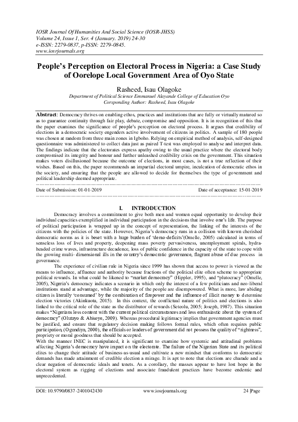 (PDF) People’s Perception on Electoral Process in Nigeria: a Case Study ...