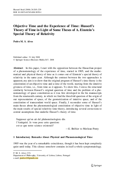 (PDF) Objective Time and the Experience of Time: Husserl’s Theory of ...