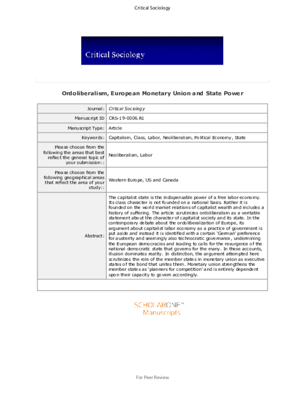 (PDF) Ordoliberalism, European Monetary Union and State power