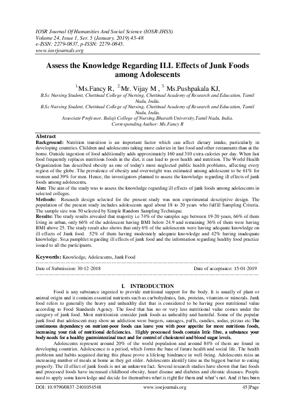 (PDF) Assess the Knowledge Regarding ILL Effects of Junk Foods among ...